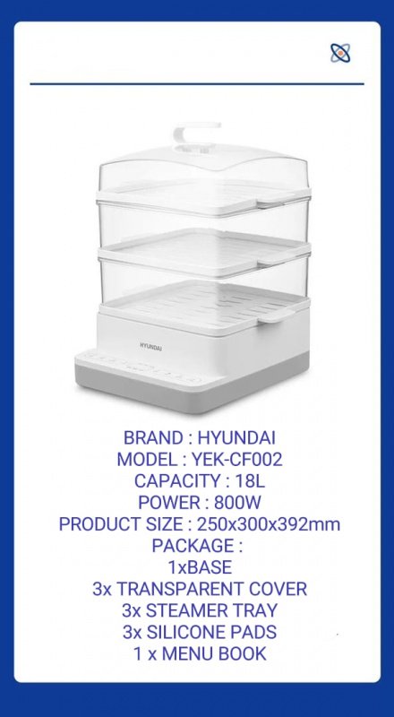 現代三層電蒸爐18L三層+5小時保溫+24小時預約 蒸籠層 3 • 容量 18L • 蒸籠材質 塑料 • 功耗 (W) 800 • 保修期 3個月 品牌：現代 型號：YEK-CF002 容量 ...