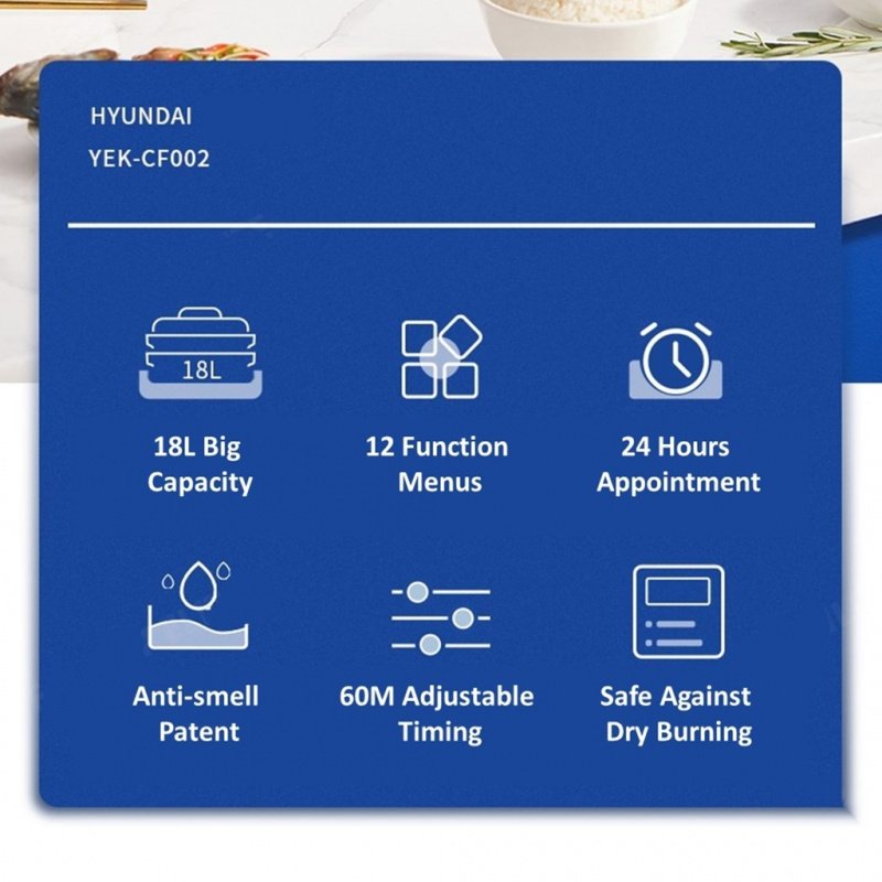 現代三層電蒸爐18L三層+5小時保溫+24小時預約 蒸籠層 3 • 容量 18L • 蒸籠材質 塑料 • 功耗 (W) 800 • 保修期 3個月 品牌：現代 型號：YEK-CF002 容量 ...